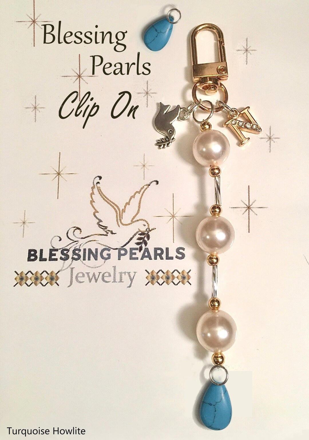 Blessing Pearls Turquoise Howlite Clip on Crystal Pearls, Your Initial ...