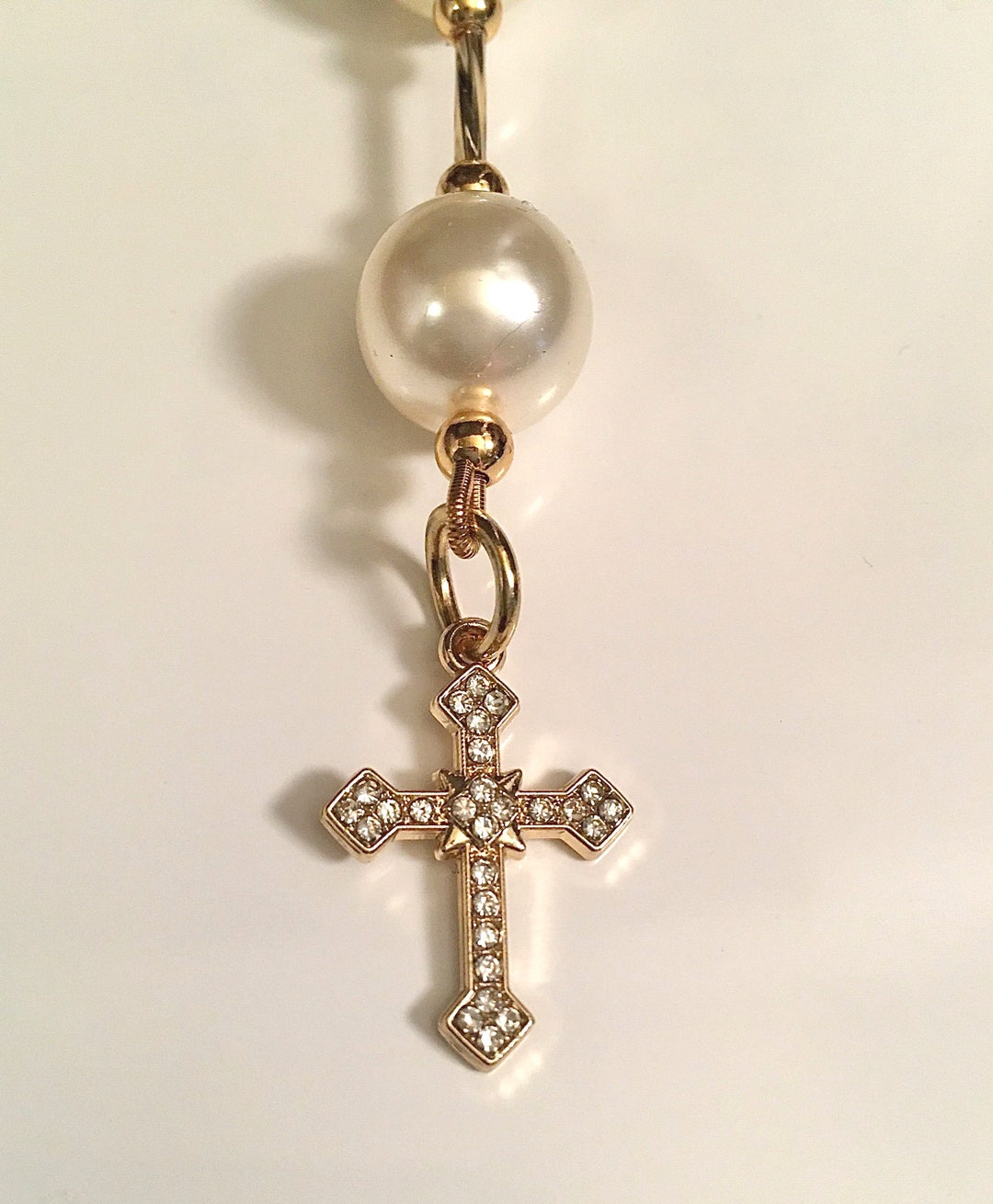 Cross Blessing Pearls Necklace, Creamy White Crystal Pearls, Gold ...