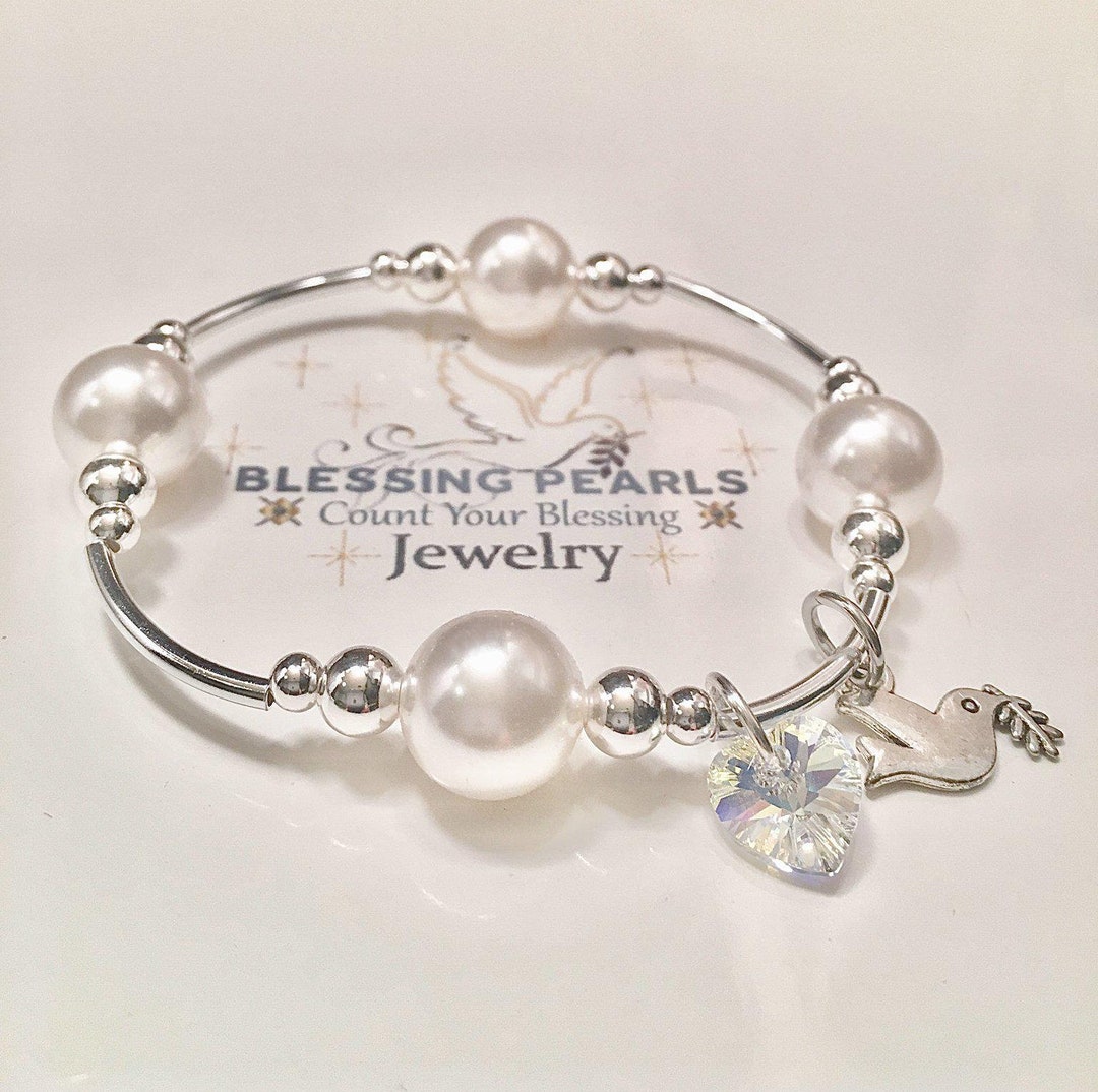 Elegant! Sterling Silver Blessing Pearl Bracelet, White Crystal Pearls ...