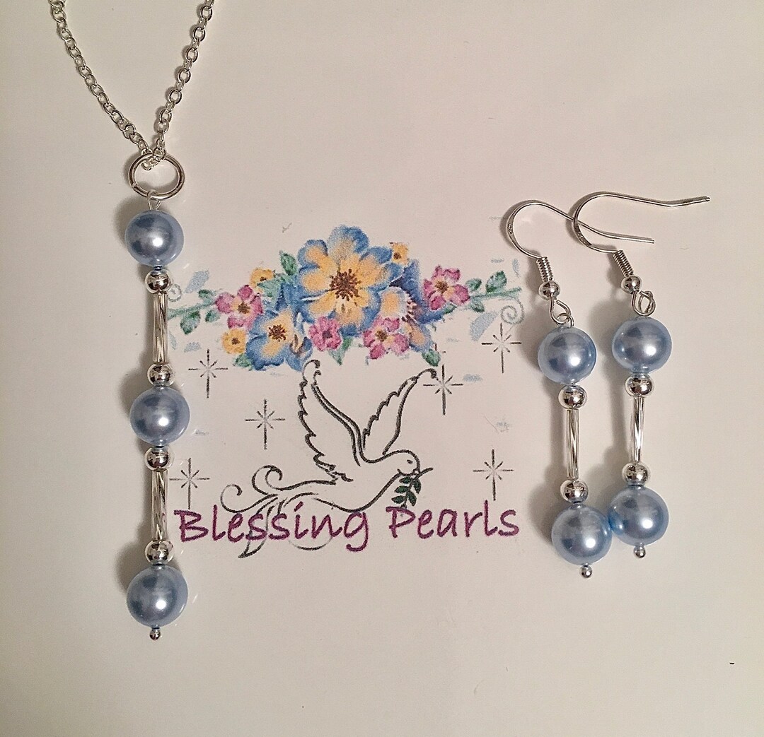 Dainty Blessing Pearls Necklace & Earrings, Blue Ice Crystal Pearls ...