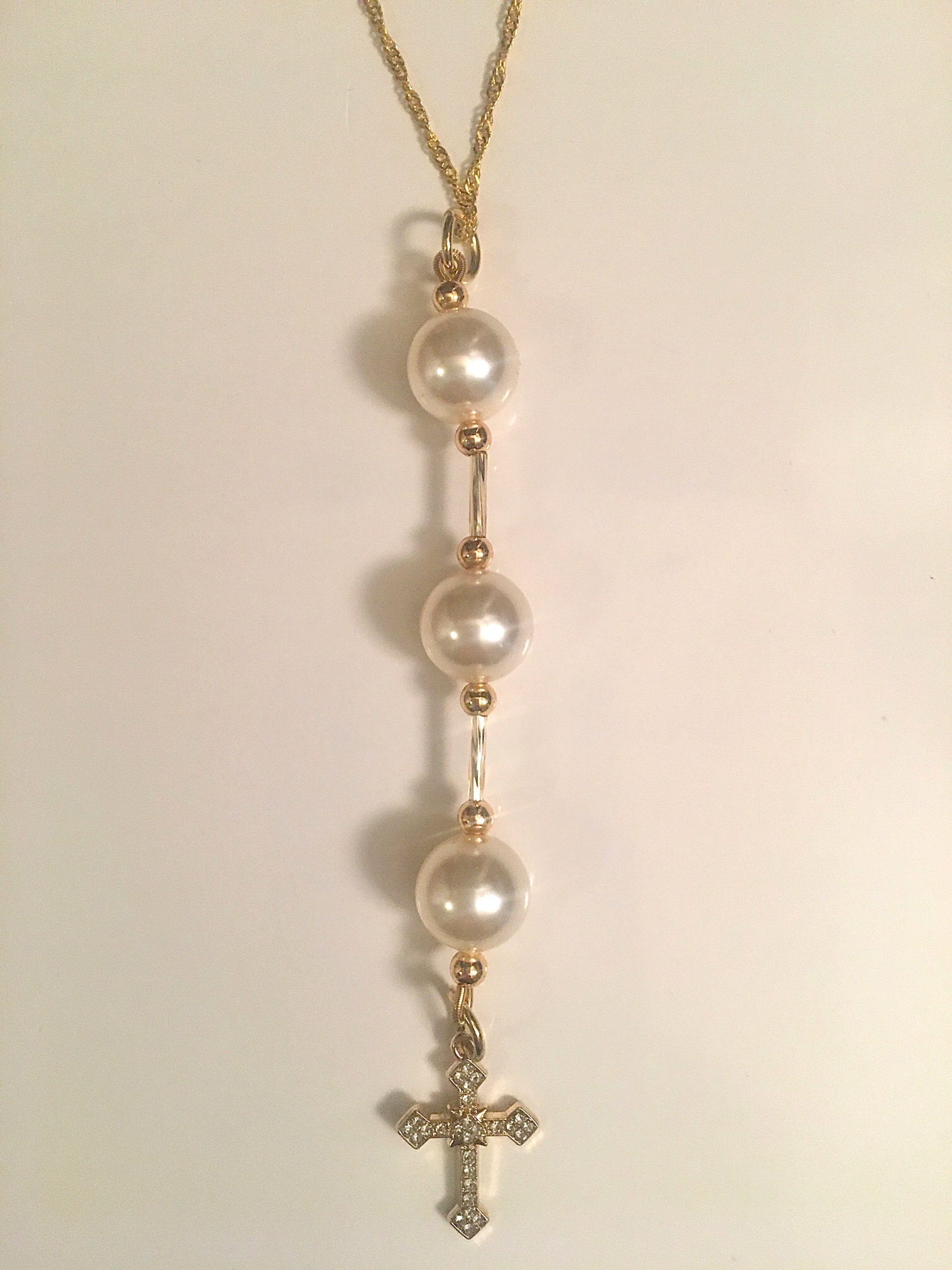 Cross Blessing Pearls Necklace, Creamy White Crystal Pearls, Gold ...