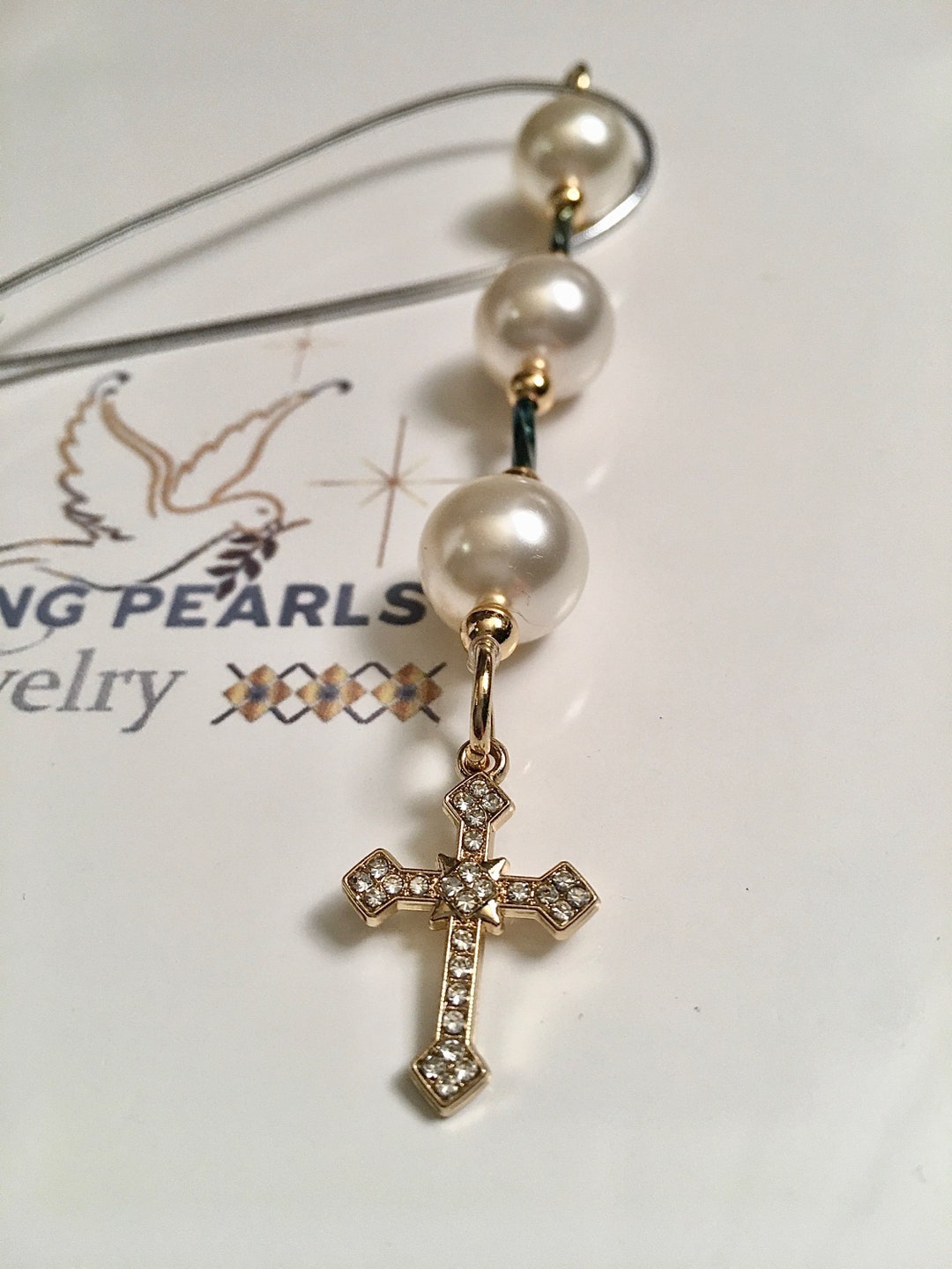 Car Mirror Cross Blessing Pearls Charm, Car, Truck, Creamy White Pearls ...