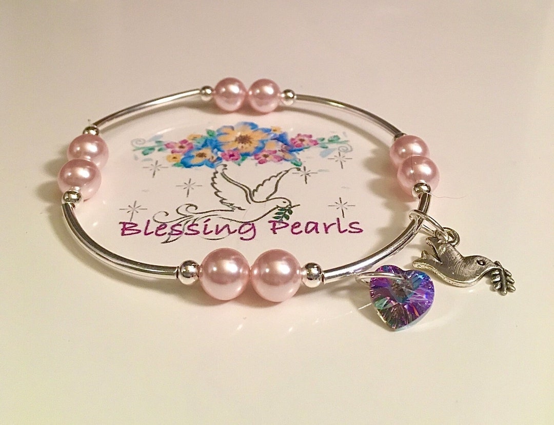 Dainty 925 Sterling Silver Blessing Pearl Bracelet, Pink Satin Crystal ...