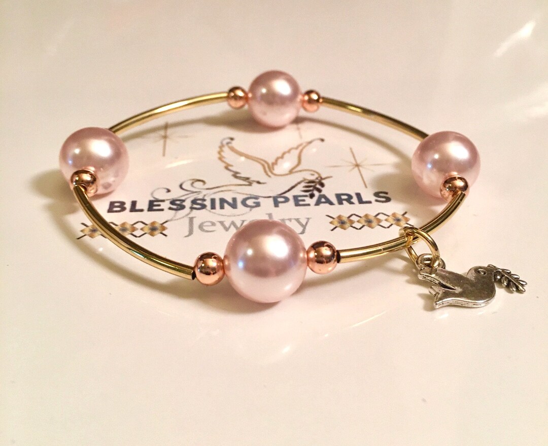14K Gold Plated Blessing Pearls Bracelet, Pink Ice Crystal Pearls, a ...