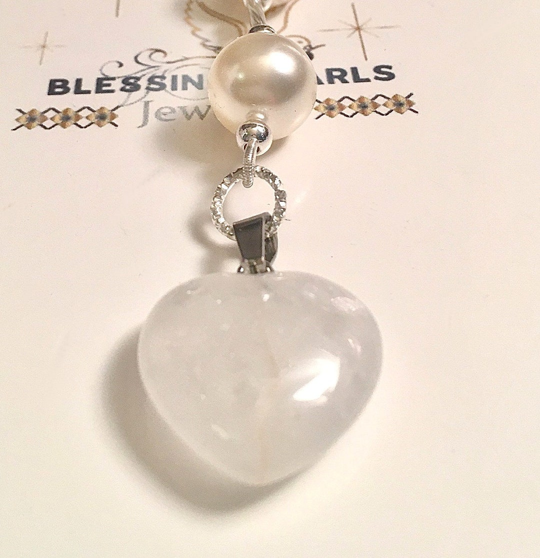 White Clear Quartz Heart Blessing Pearls Necklace, Creamy White Crystal ...