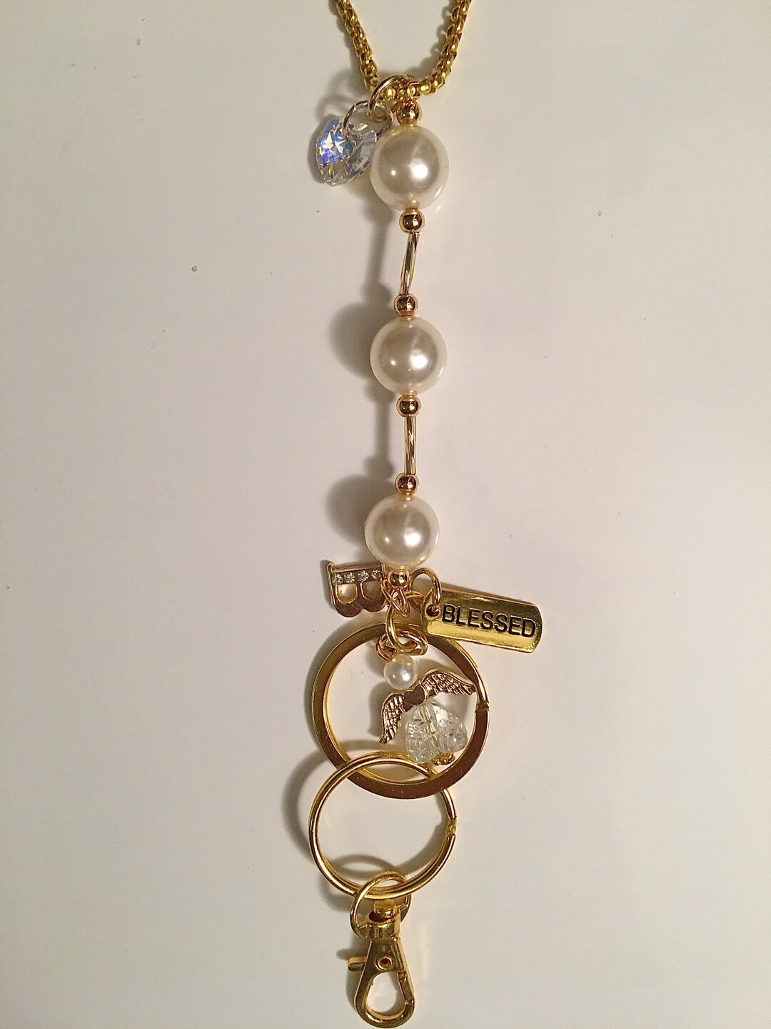 Blessing Pearls Lanyard, Creamy White Crystal Pearls, Swarovski Heart ...