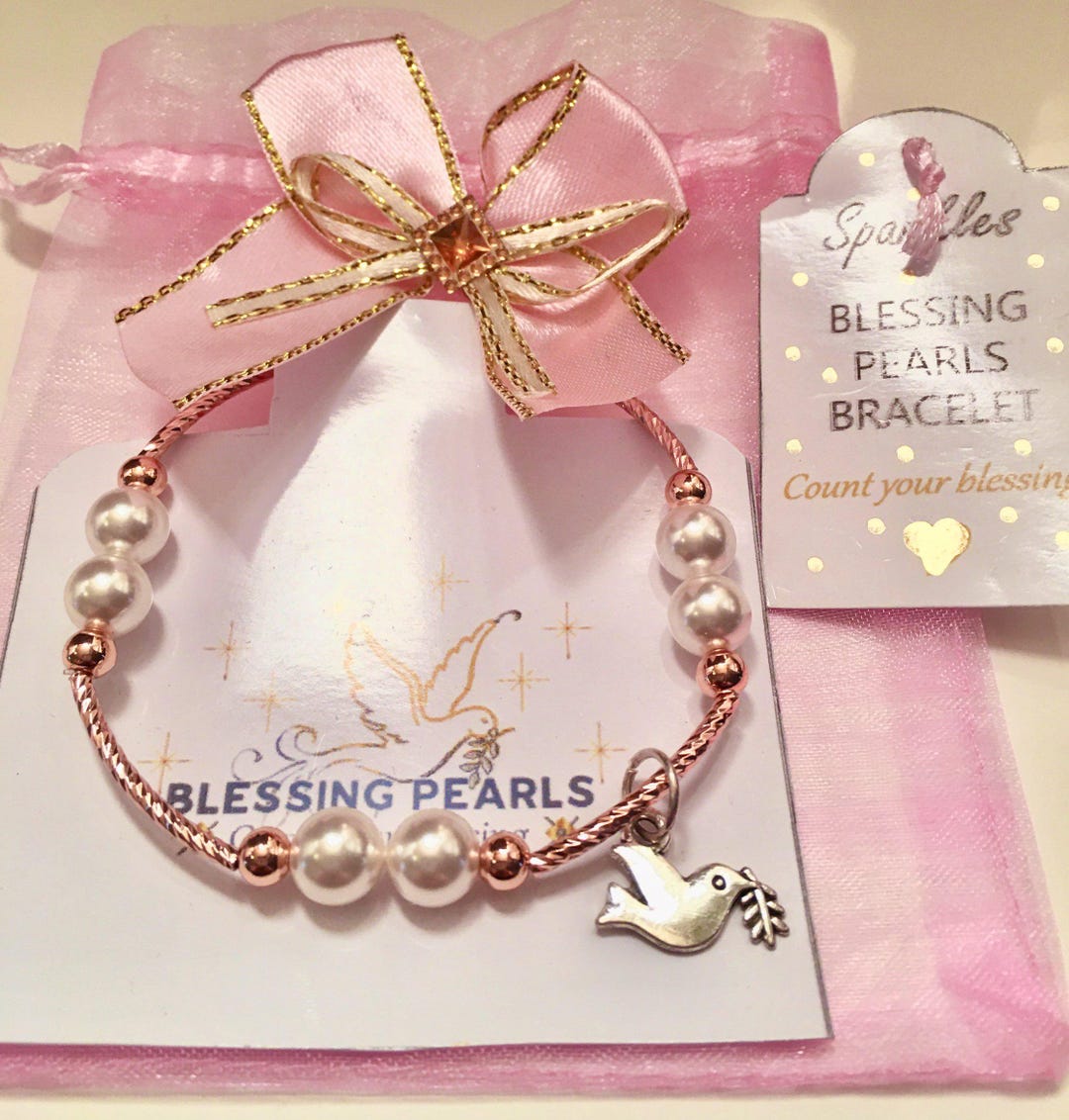 Rose Gold Blessing Pearl Bracelet, Fancy Cut Beads, White Crystal ...