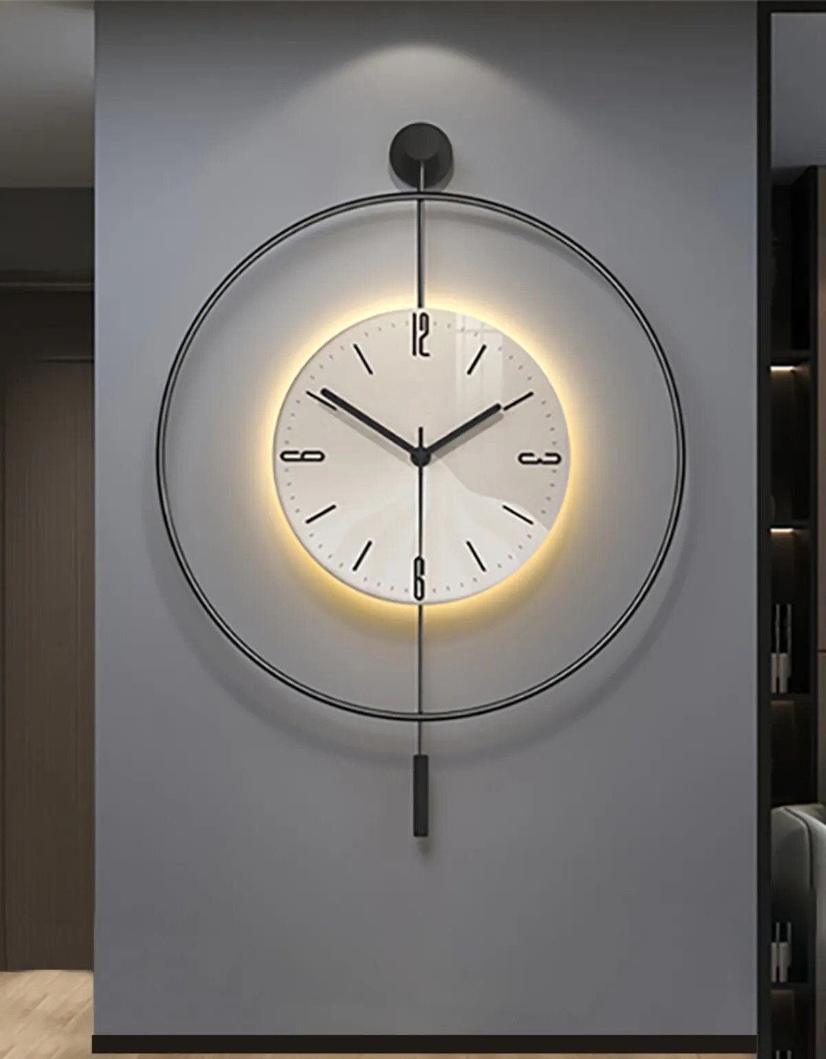 Modern Decorative Pendulum Wall Clock With LED Crystal Glass, Black ...