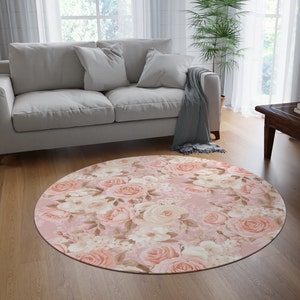 Chic Coquette Rose Rug - 5ft Round Cottage Floral Design Area Rug for ...