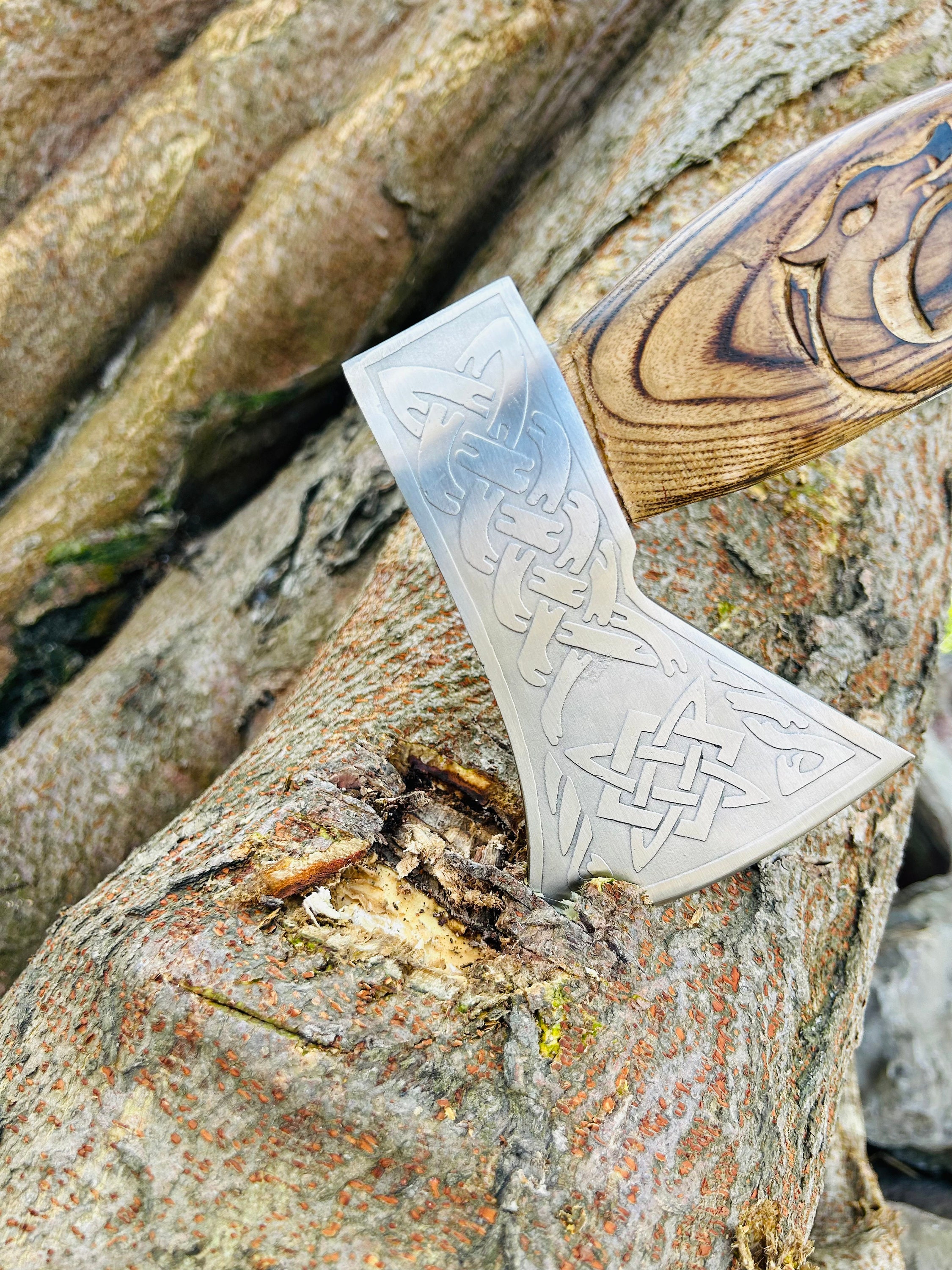 Custom Handmade Carbon Steel Axe With Hand Made Carving on Ash Wood ...