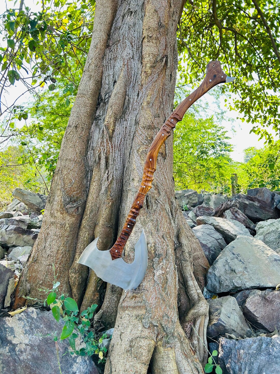 Custom Handmade Double Sided Axe With Beautiful Rose Wood Carving ...