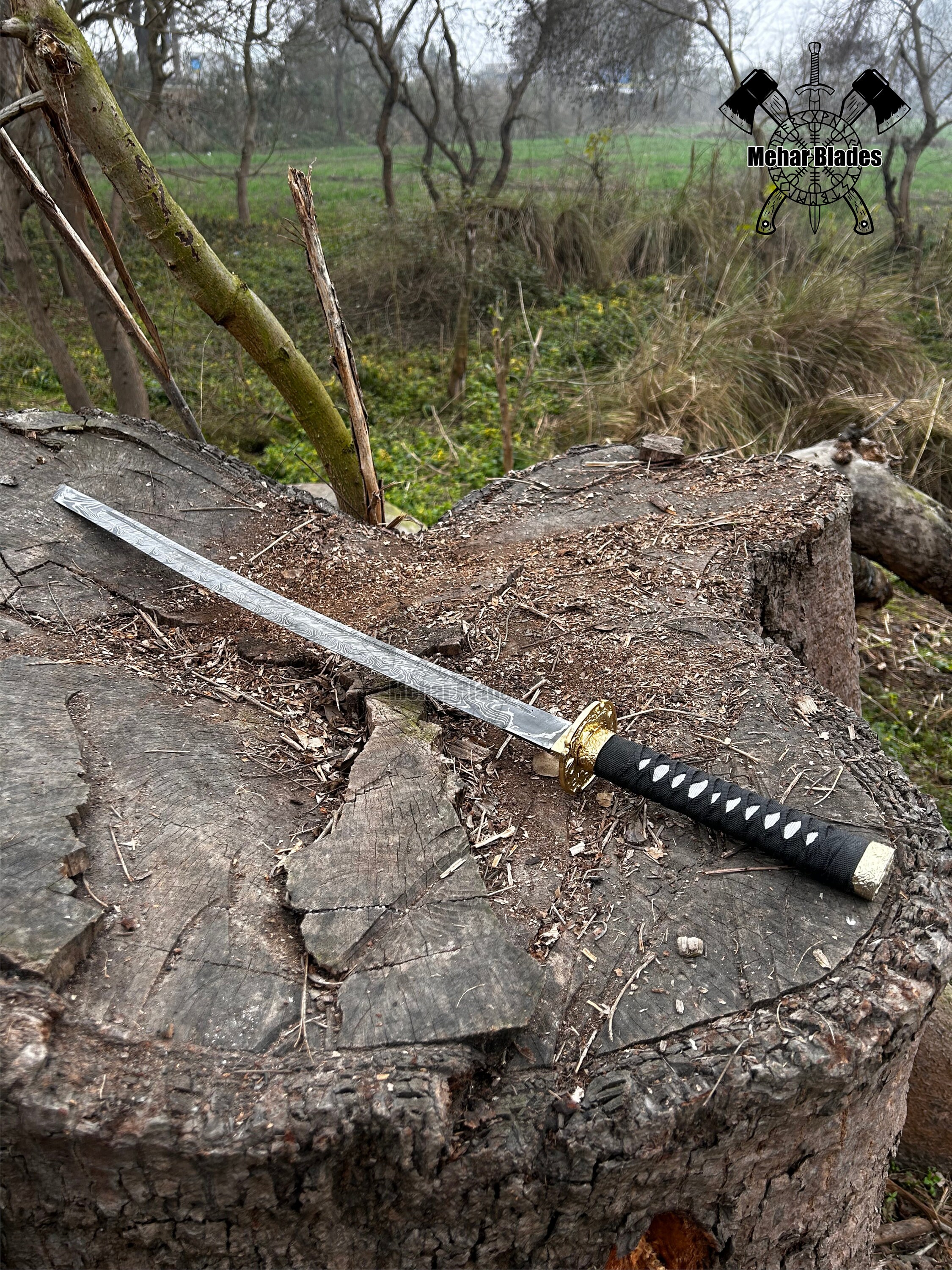 Handmade Ninja Katana Sword in Damascus Steel Blade, Samurai, Ninjato ...