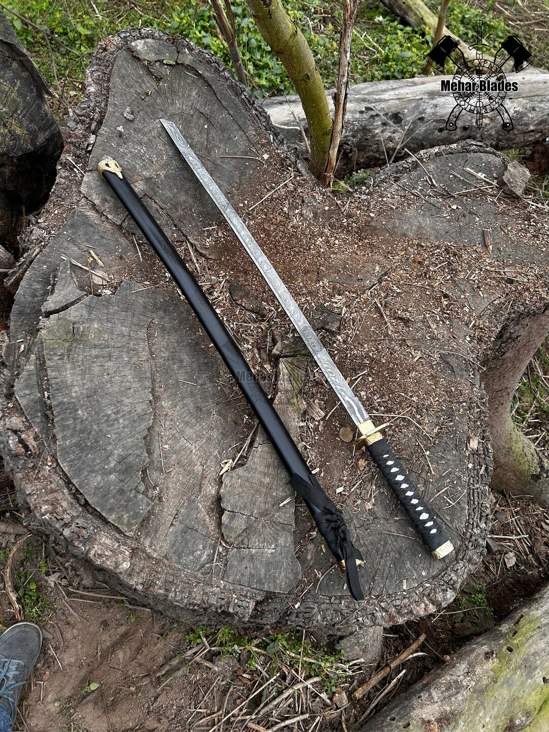 Handmade Ninja Katana Sword in Damascus Steel Blade, Samurai, Ninjato ...