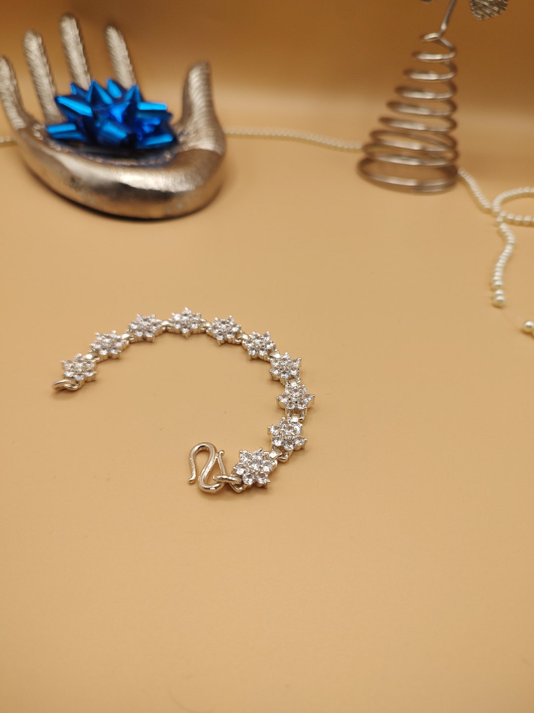 Flower Crystal Pure Silver Bracelet / Handmade / Silver / - Etsy