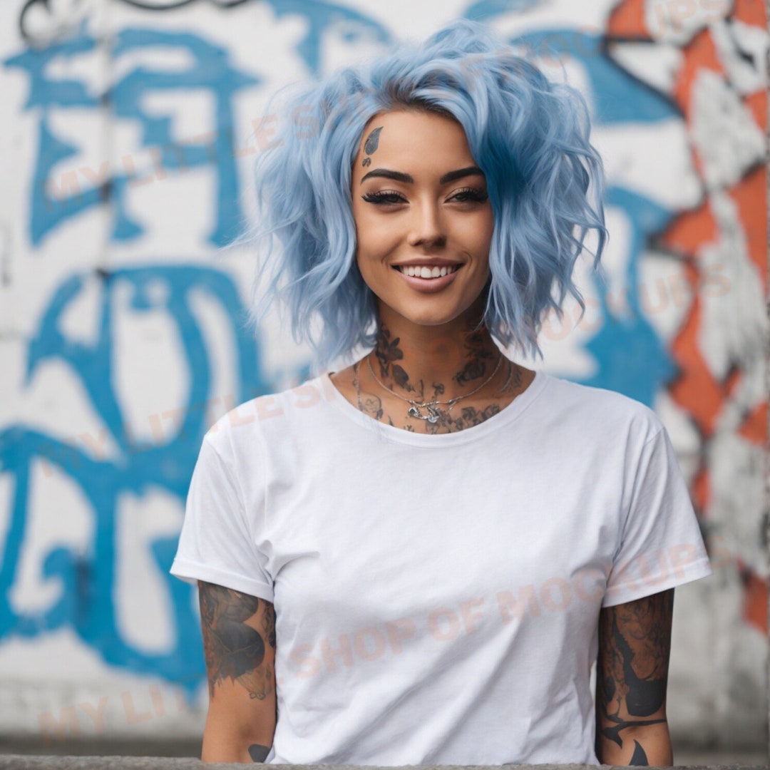 Blue-haired Model in Classic White Tee Mockup | White Bella Canvas 3001 ...