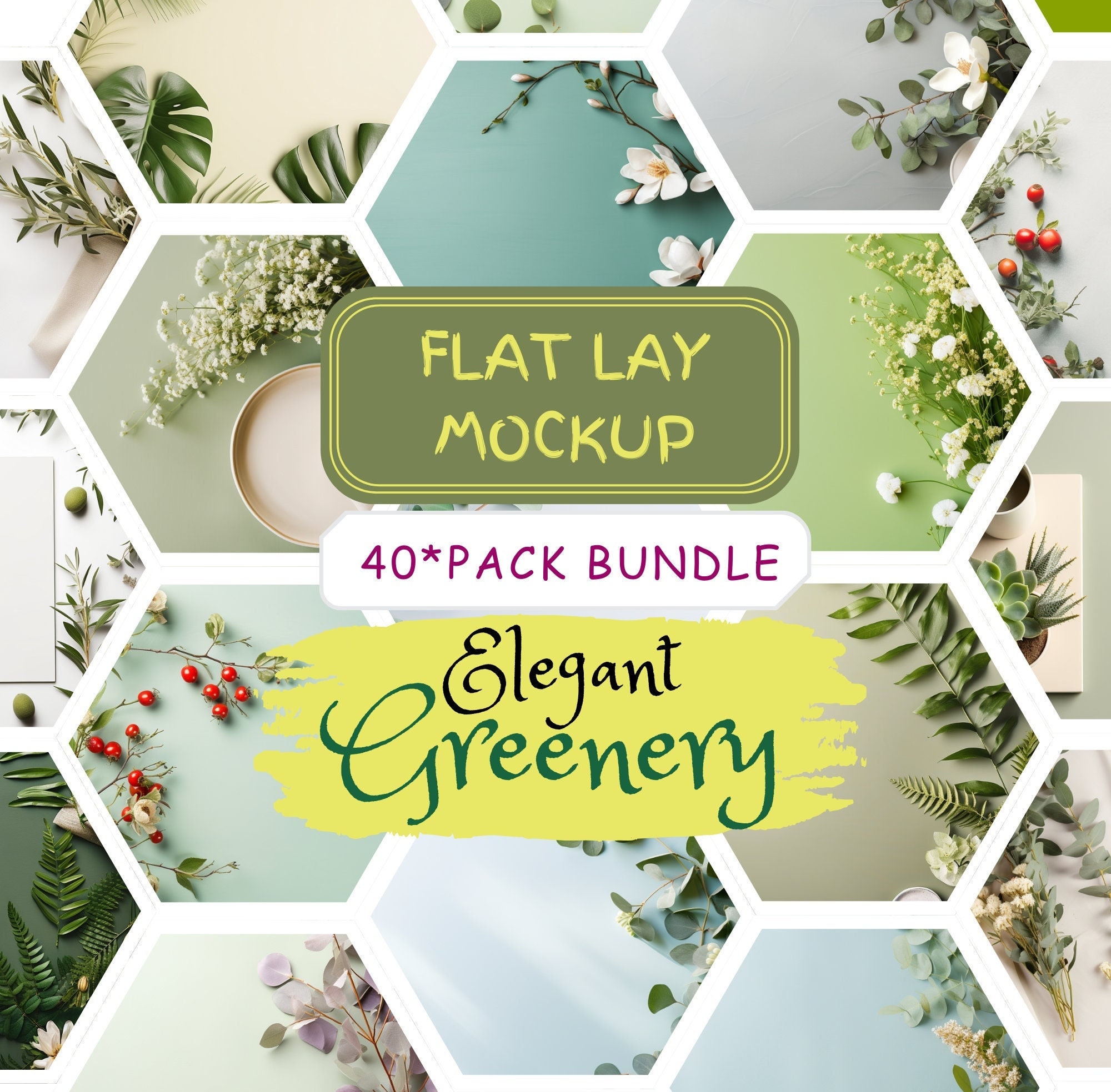40 * Elegant Greenery Flat Lay Mockup Bundle, Product Background ...