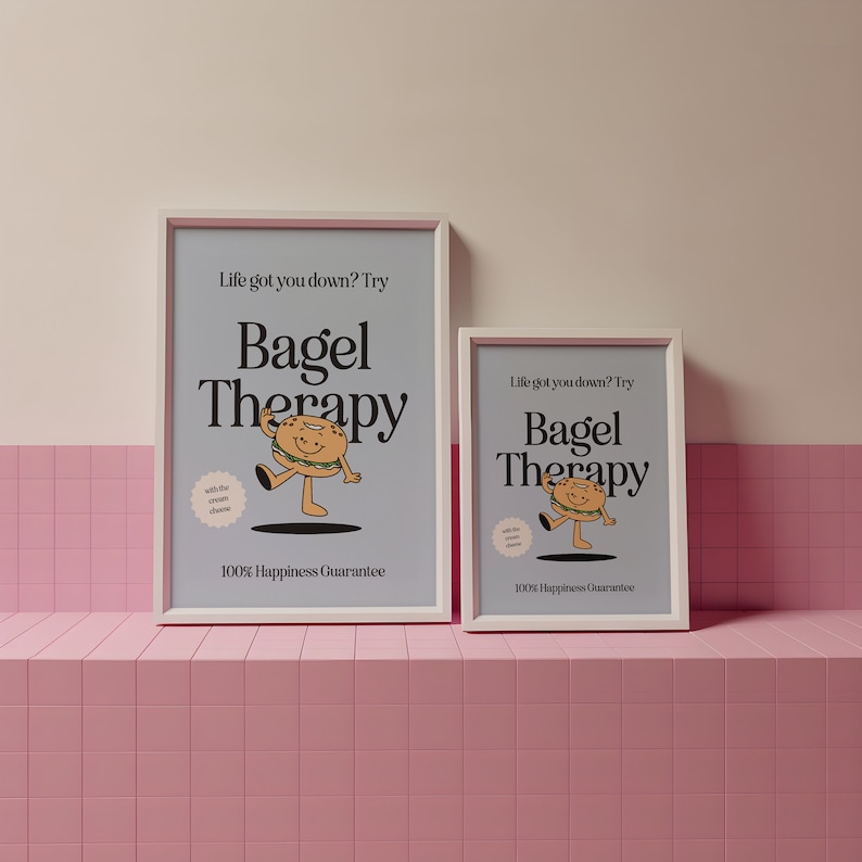 Bagel Therapy Retro Cartoon Print: Trendy Kitchen Cafe Art (digital ...