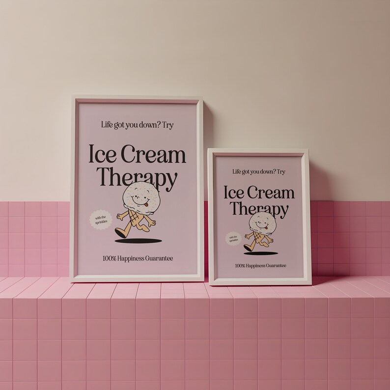 Ice Cream Therapy Printable Wall Art, Pink Trendy Retro Cartoon Wall ...