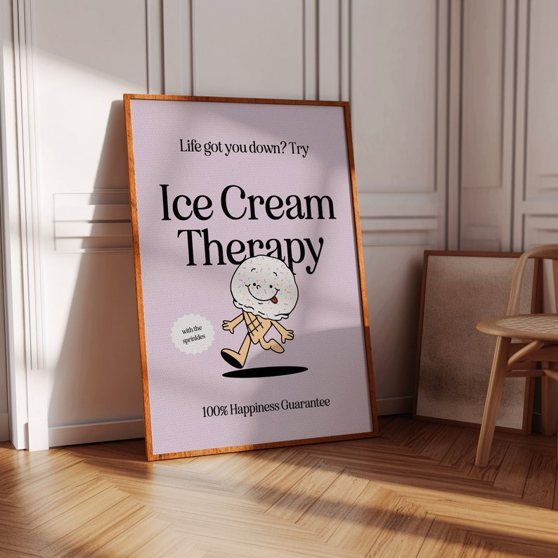 Ice Cream Therapy Printable Wall Art, Pink Trendy Retro Cartoon Wall ...