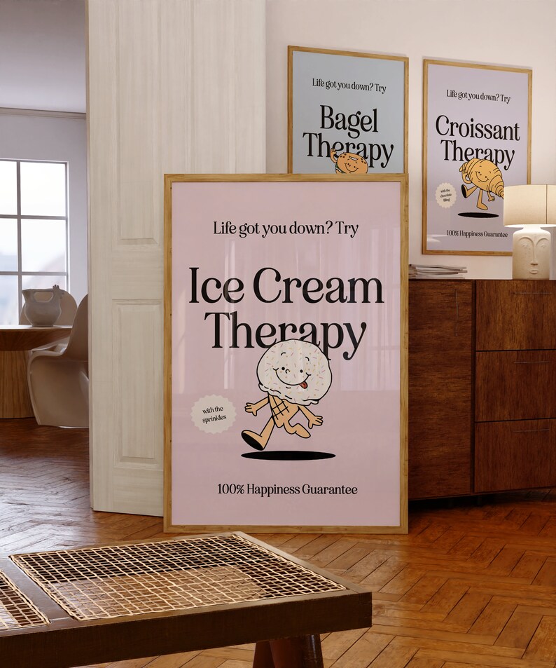 Ice Cream Therapy Printable Wall Art, Pink Trendy Retro Cartoon Wall ...