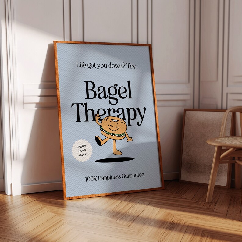 Bagel Therapy Retro Cartoon Print: Trendy Kitchen Cafe Art (digital ...