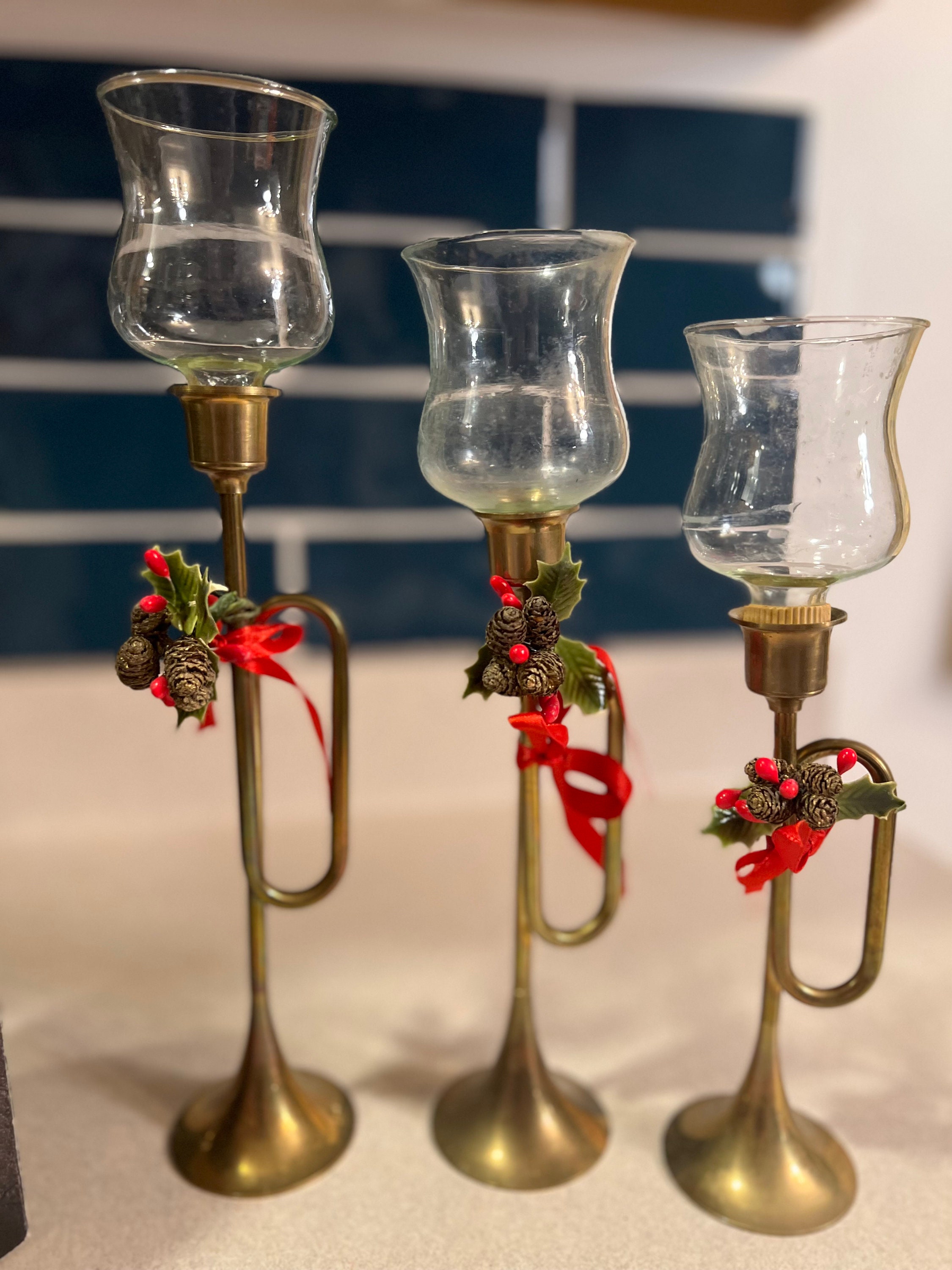 Vintage Brass Bugle Candle Holders Retro Christmas Decor Horn Candle ...