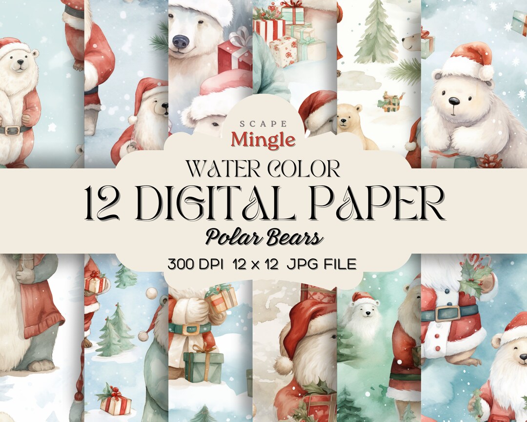 12 Polar Bears Christmas Watercolor Digital Paper, Seamless Pattern ...