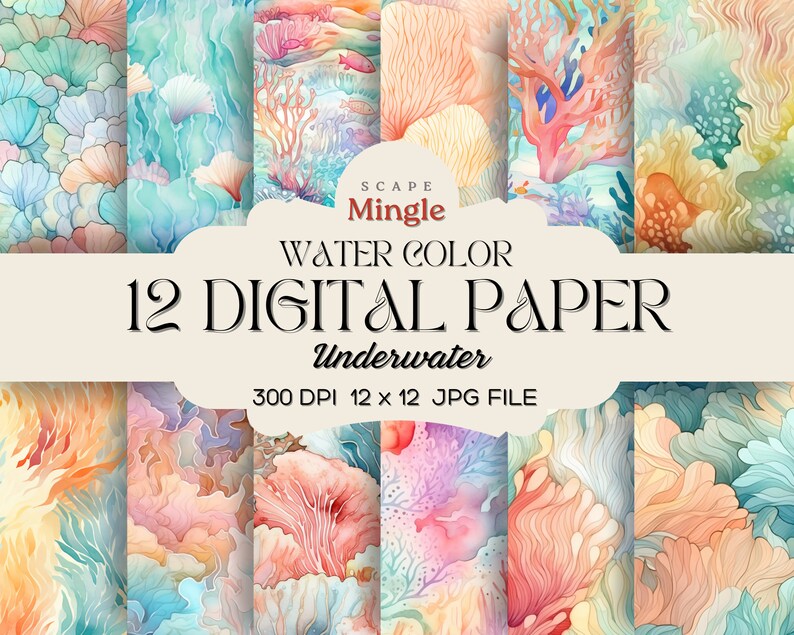 12 Underwater Watercolor Digital Paper, Seamless Pattern, Underwater ...