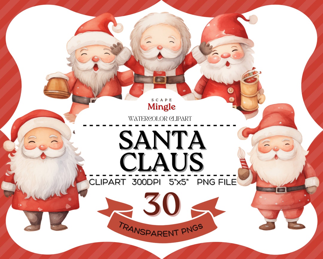 30 Santa Claus Watercolor Clipart Set, Santa Claus Clipart, Transparent ...