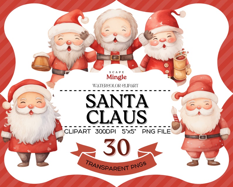 30 Santa Claus Watercolor Clipart Set, Santa Claus Clipart, Transparent ...