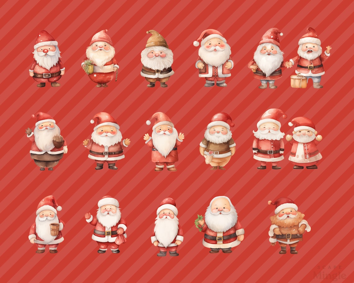 30 Santa Claus Watercolor Clipart Set, Santa Claus Clipart, Transparent ...