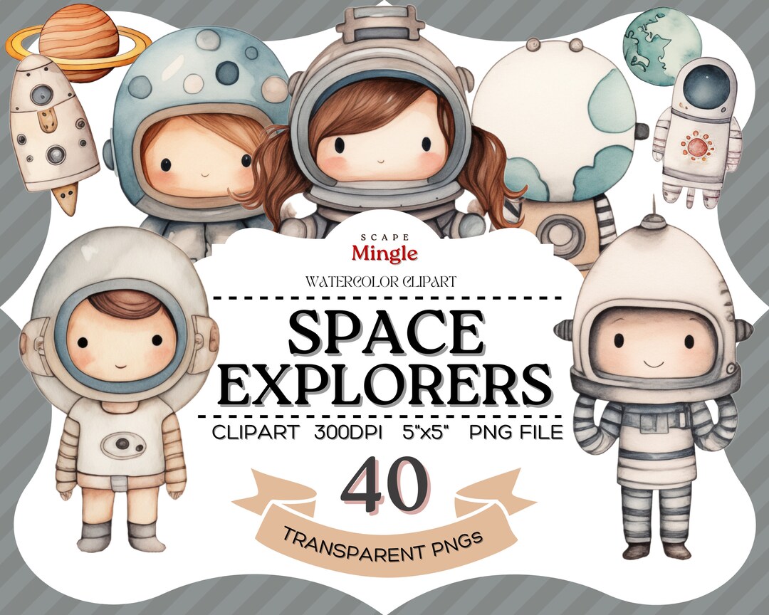 40 Space Explorers Watercolor Clipart Set, Space Clipart Bundle ...