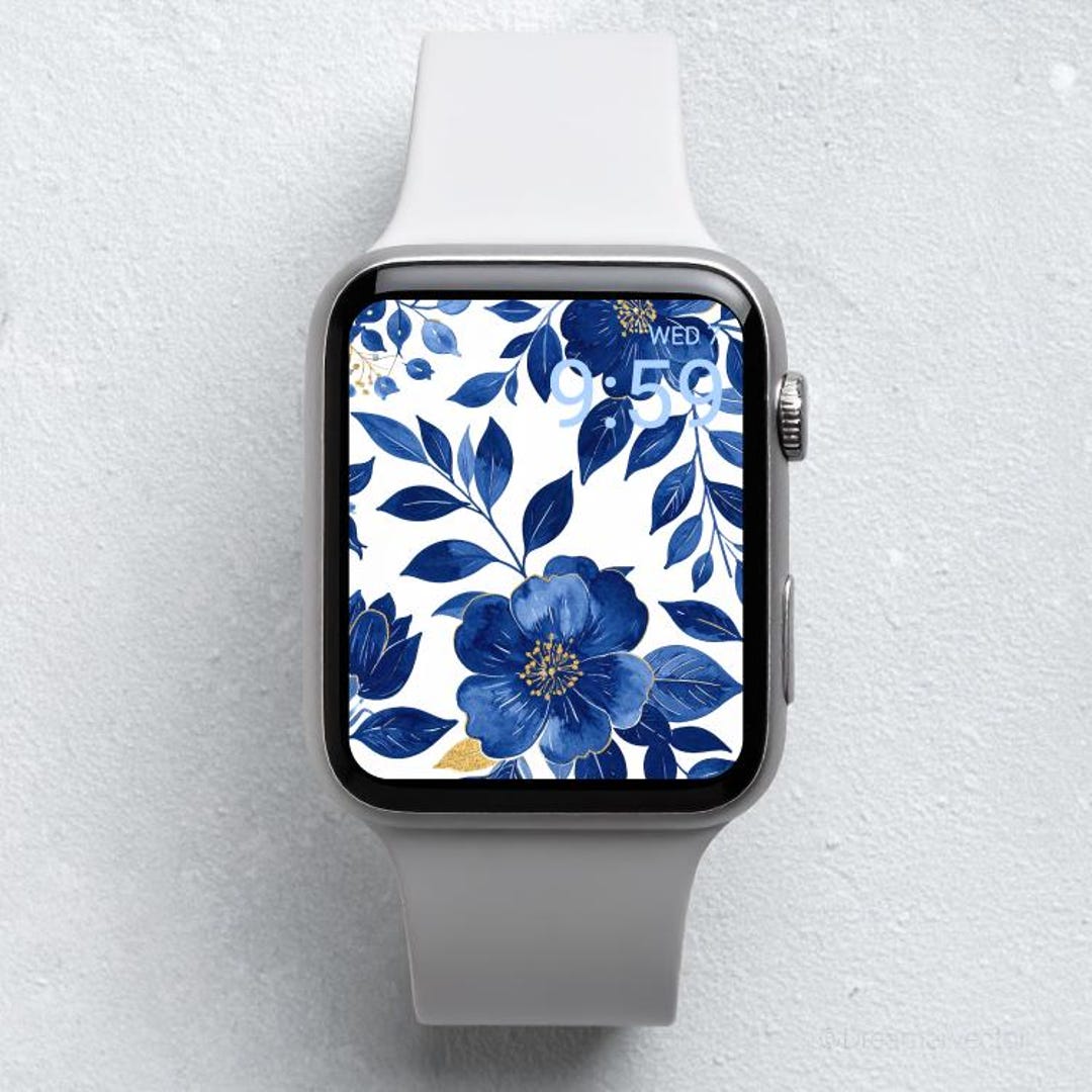 Apple Watch Wallpaper – Elegant Blue Floral Watercolor With Gold ...