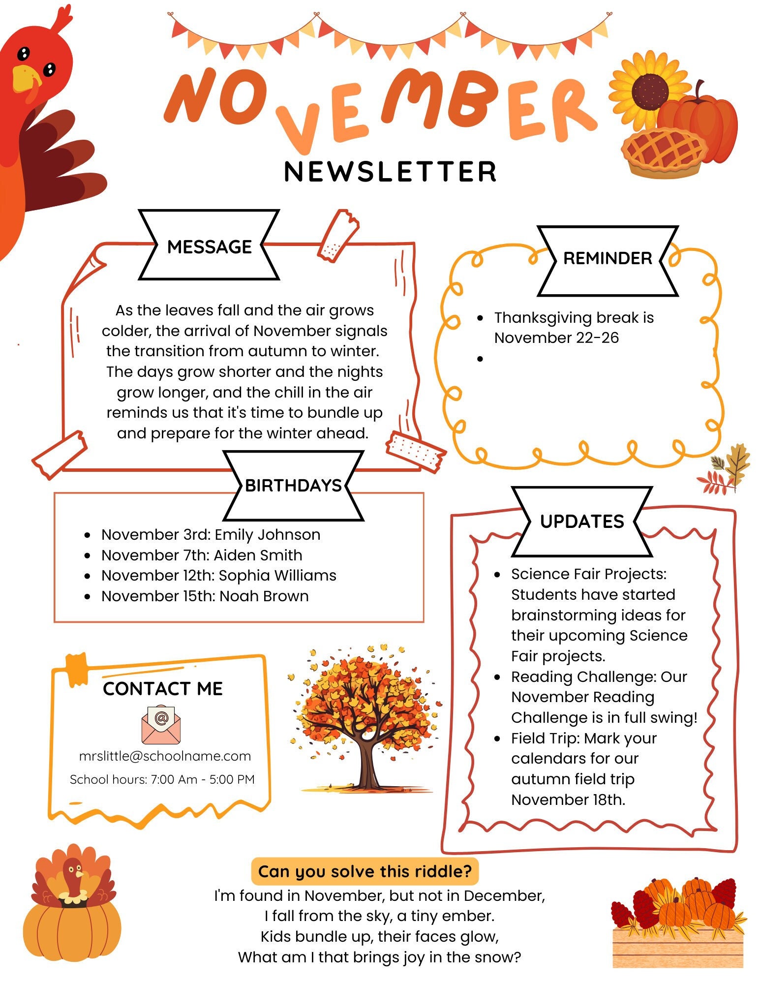 November Newsletter Editable Flyer Template, School Newsletter ...