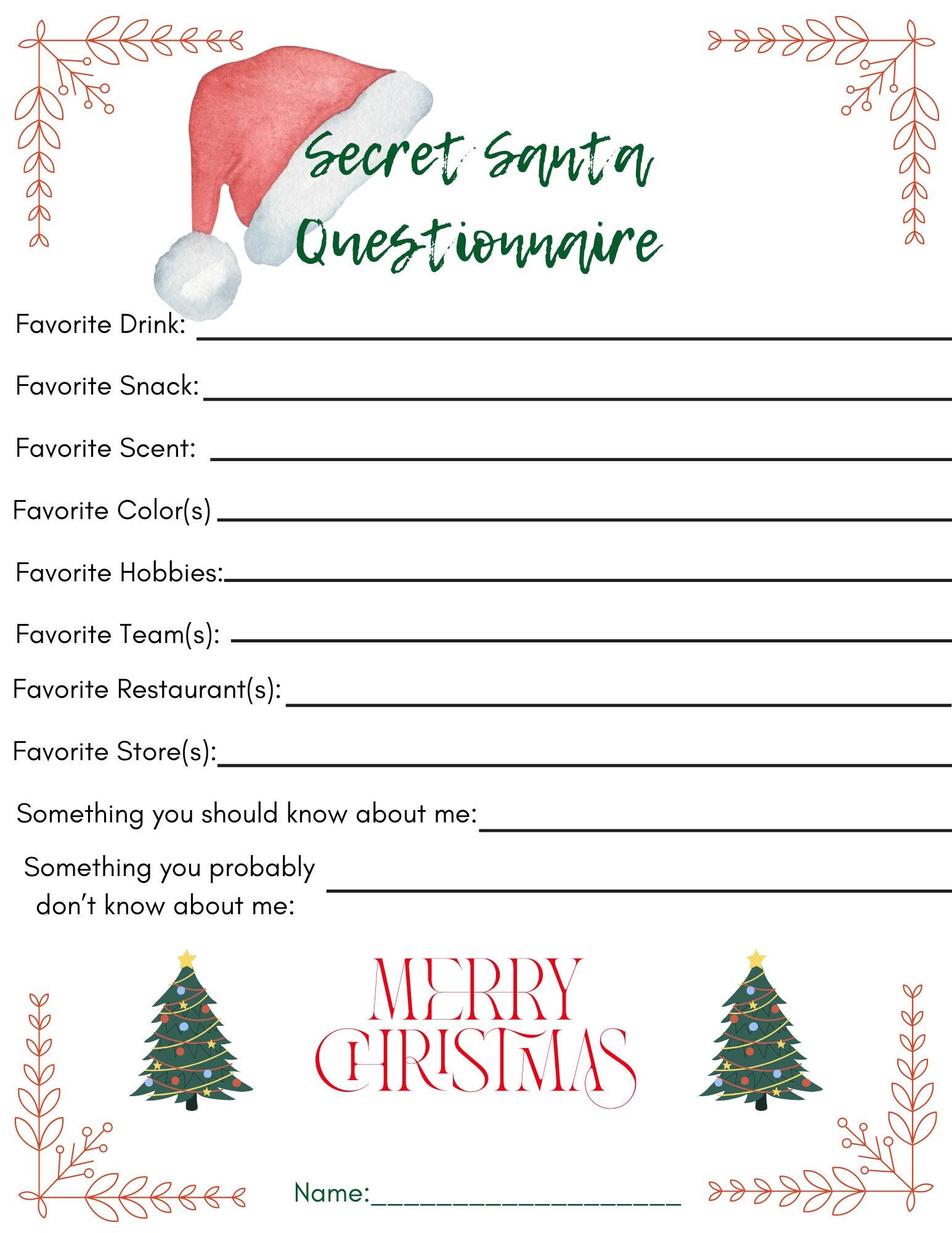 Printable Secret Santa Questionnaire Form Secret Santa Questions ...