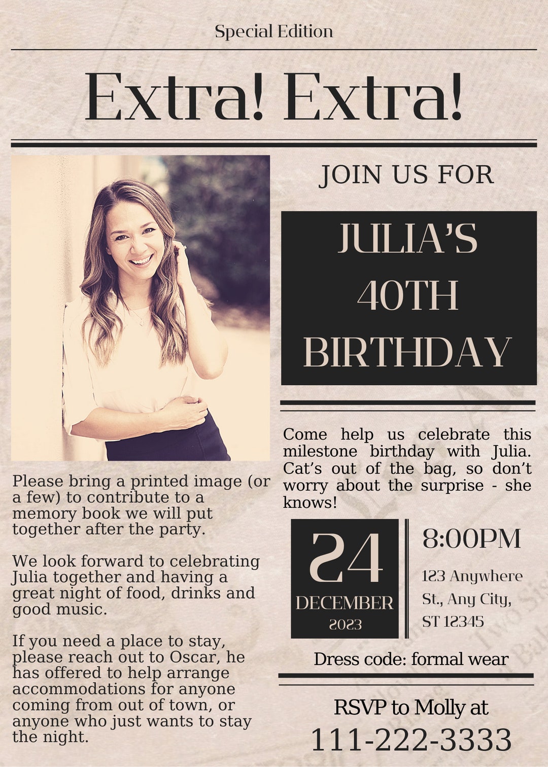 Vintage Styled Newspaper Birthday Invitation - Edit in Canva - Send ...