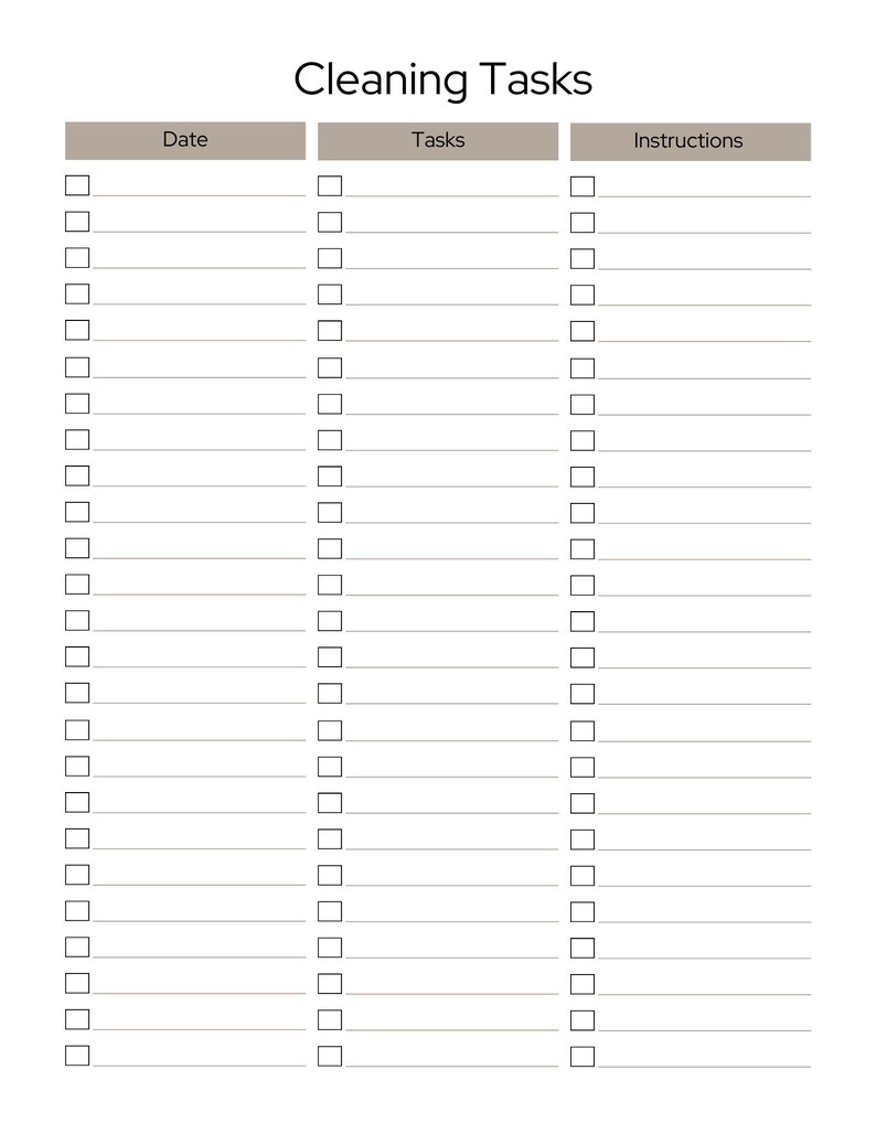 Cleaning Checklist Neutral Digital Printable Cleaning Checklist House ...