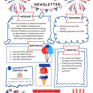 July Teacher Classroom Digital Newsletter. Update Families With Ease ...