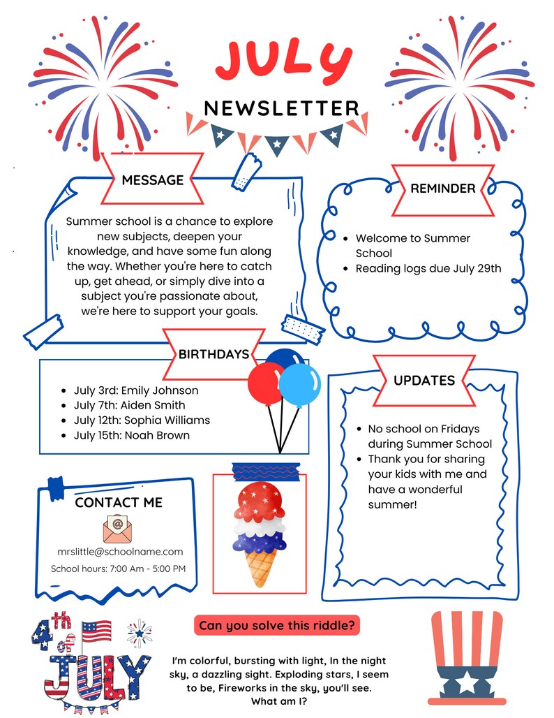 July Teacher Classroom Digital Newsletter. Update Families With Ease ...
