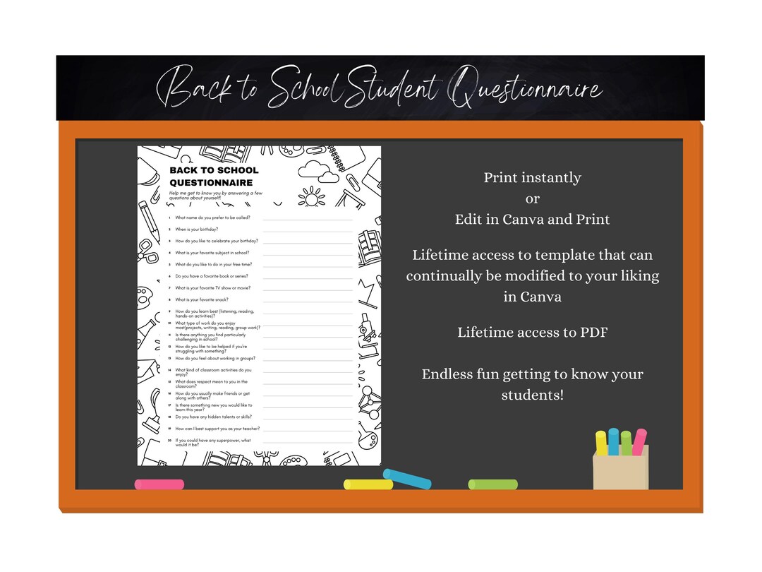 Printable Back to School Student Questionnaire Form Back to School ...