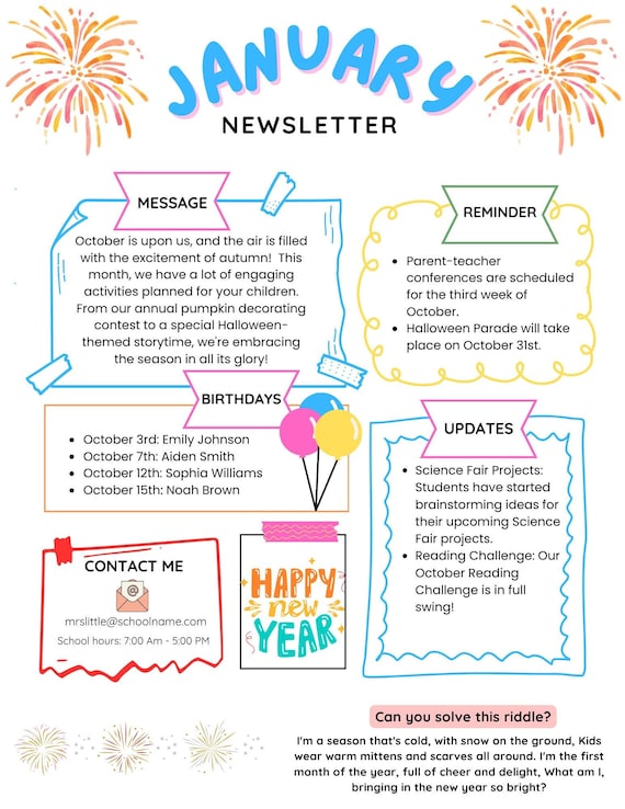 January Classroom Newsletter Template