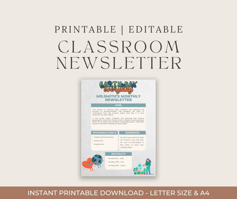 April Teacher Classroom Digital Newsletter Earth Day Themed Class ...