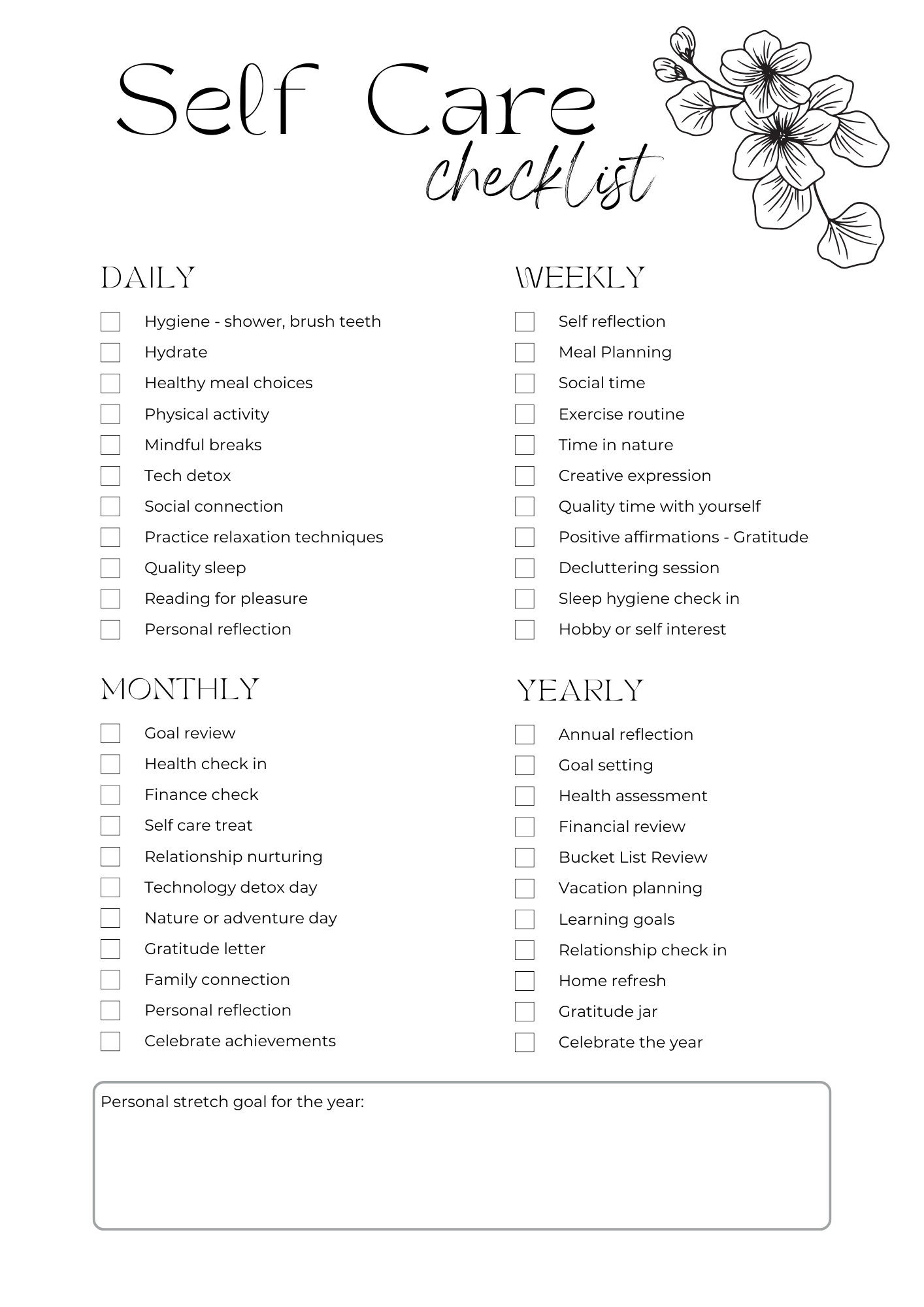 Self Care Checklist Daily Check in Weekly Check in Monthly Check in ...