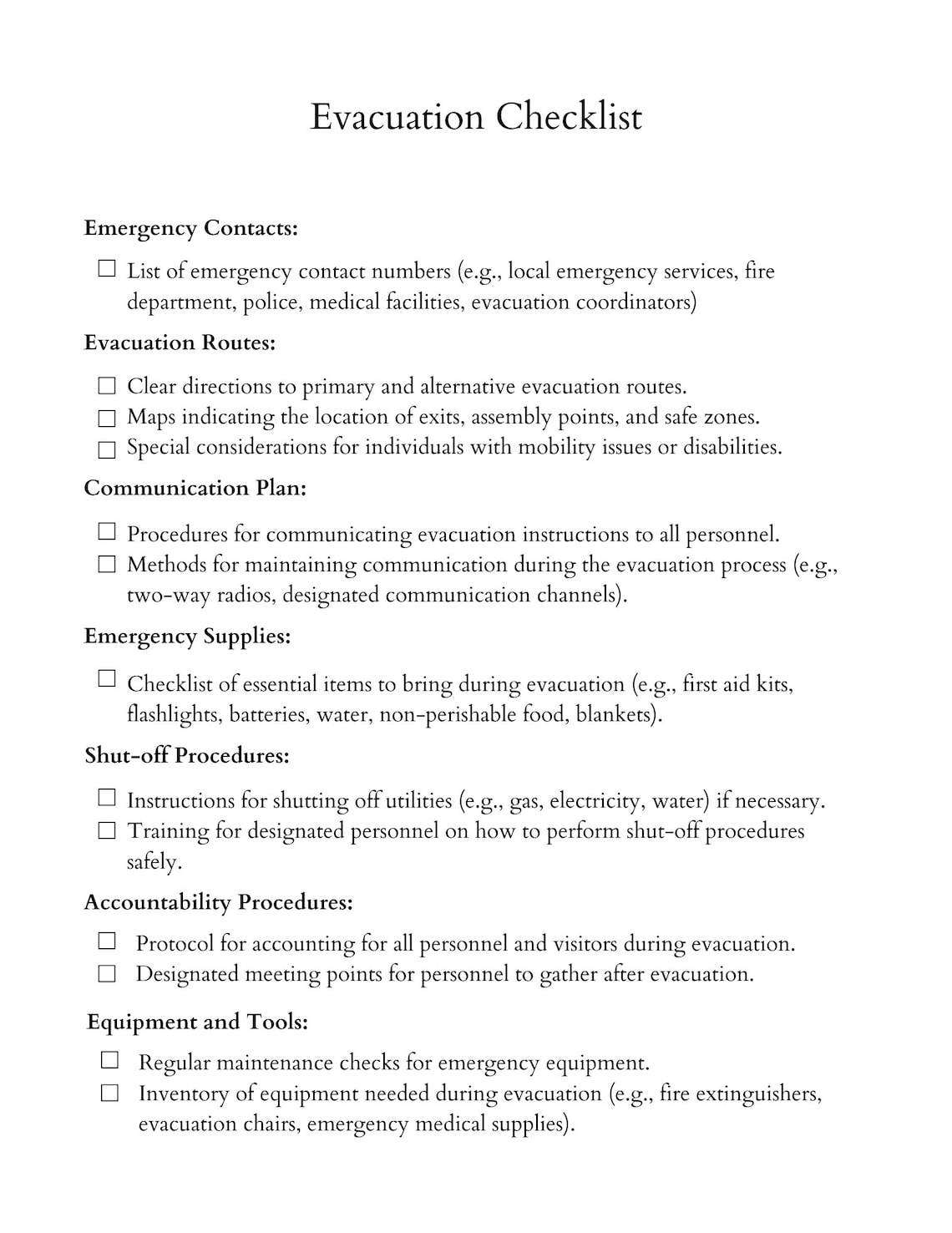 Emergency Evacuation Checklist Instant Printable or Editable in Canva Stay Prepared & Safe in ...