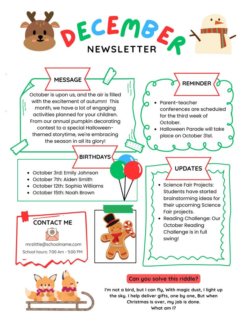 December Editable Classroom Newsletter. Teacher Newsletter Template ...
