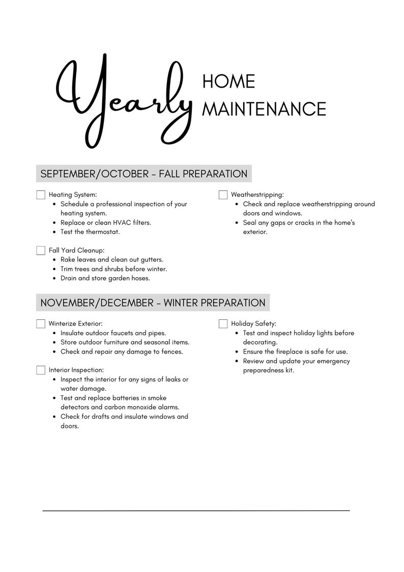 Yearly Home Maintenance Checklist Quarterly and Yearly Home Maintenance ...