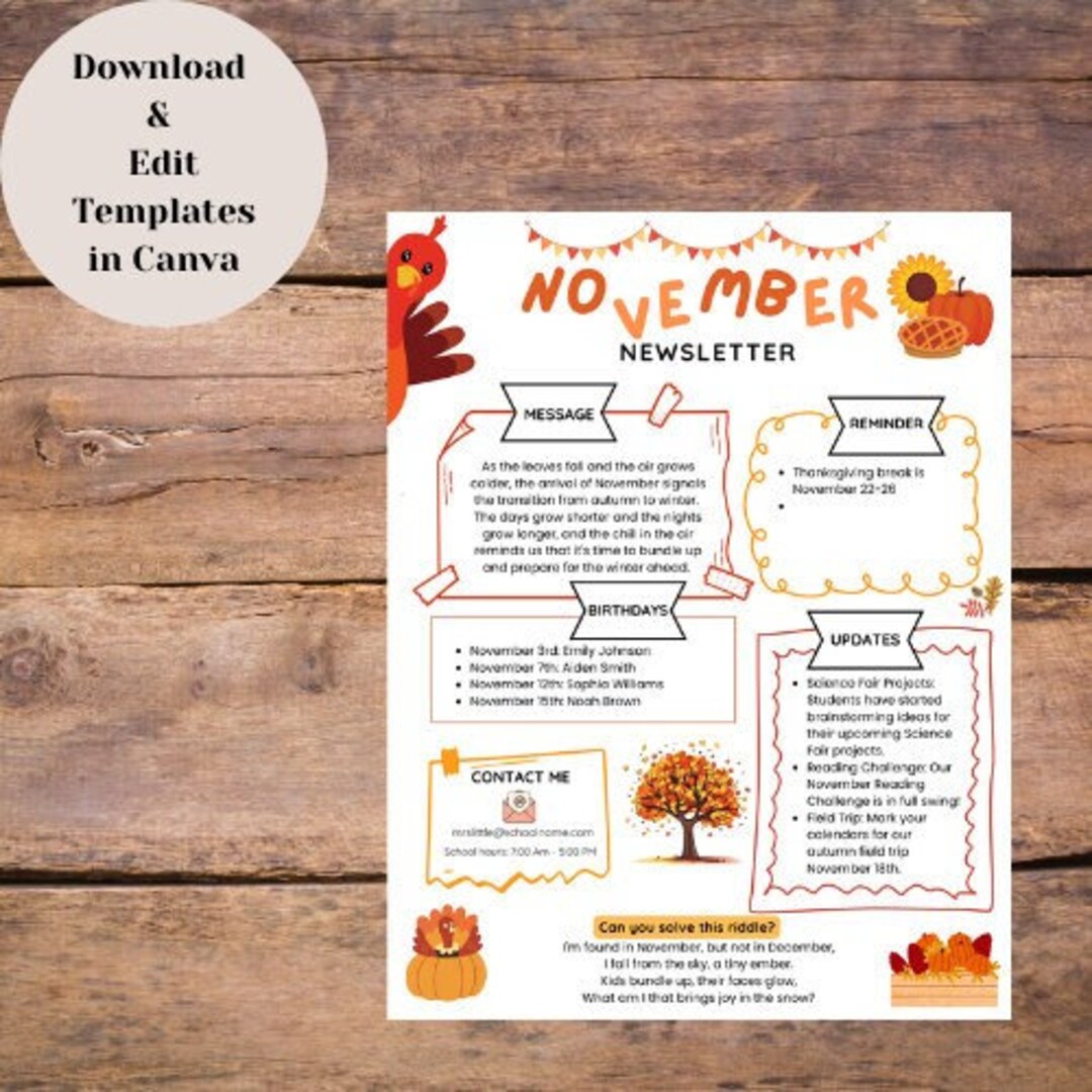 November Newsletter Editable Flyer Template, School Newsletter ...