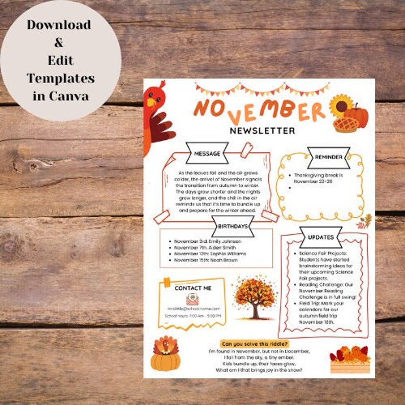 November Newsletter Editable Flyer Template, School Newsletter ...