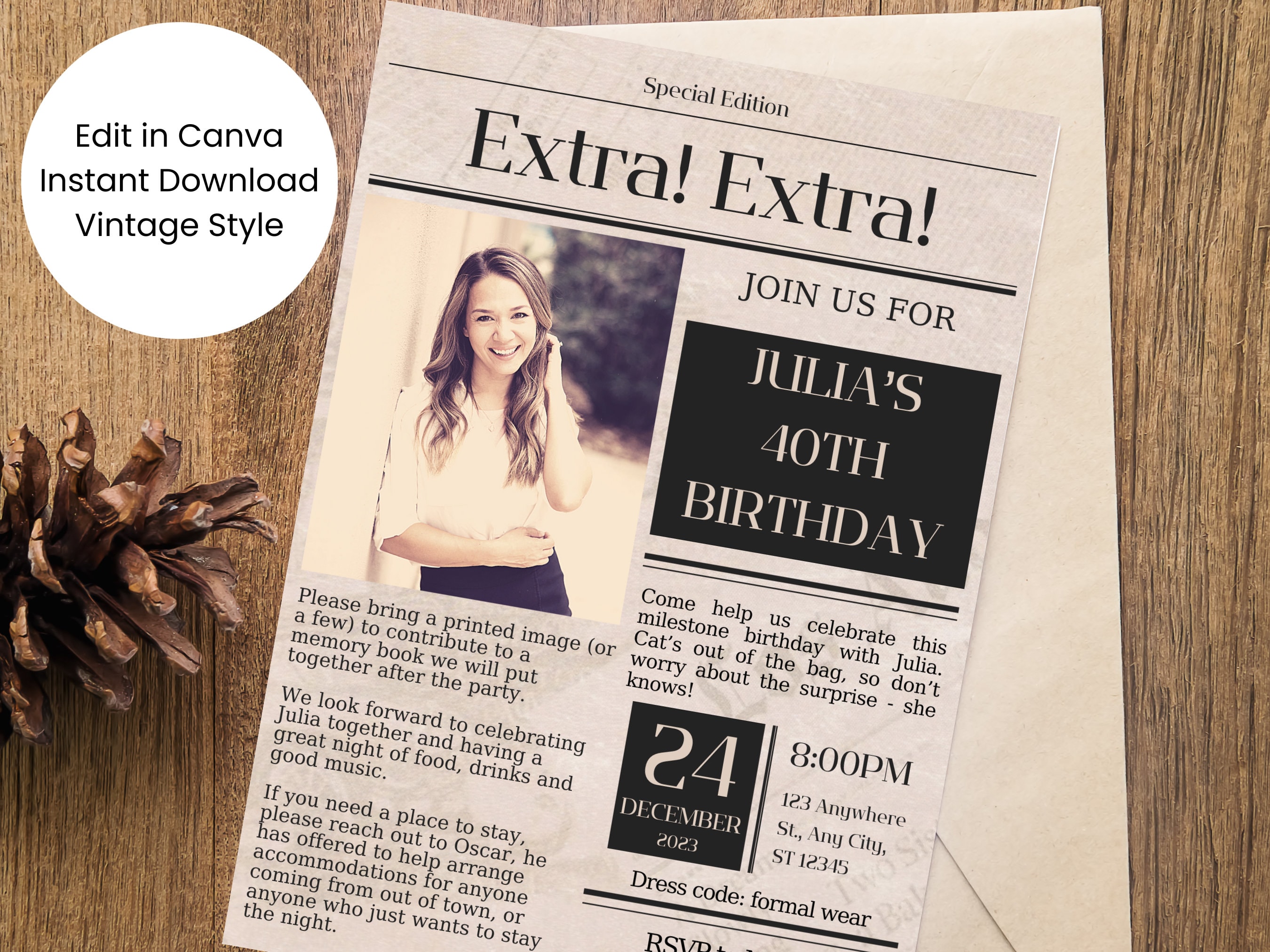 Vintage Styled Newspaper Birthday Invitation - Edit in Canva - Send ...