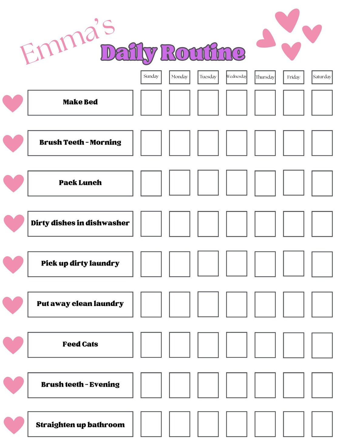 Girls Daily Routine Chart Tracker. Sunday and Monday Week Start ...